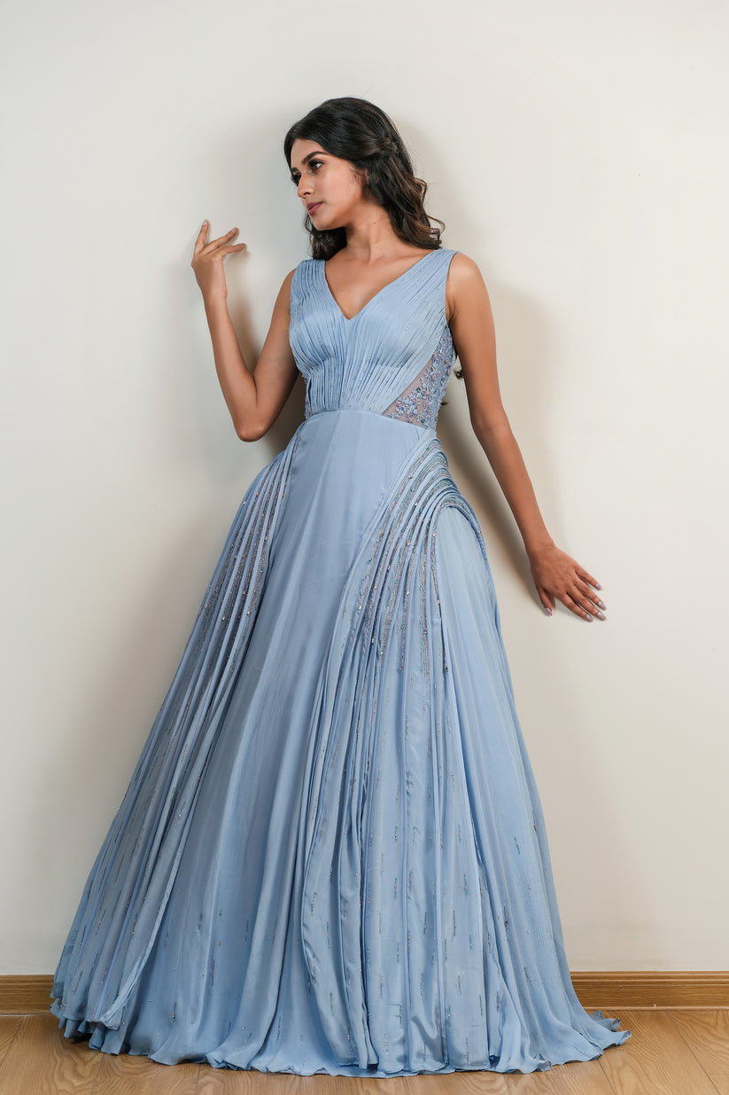 Paris Steel blue draped gown – Paris De Boutique