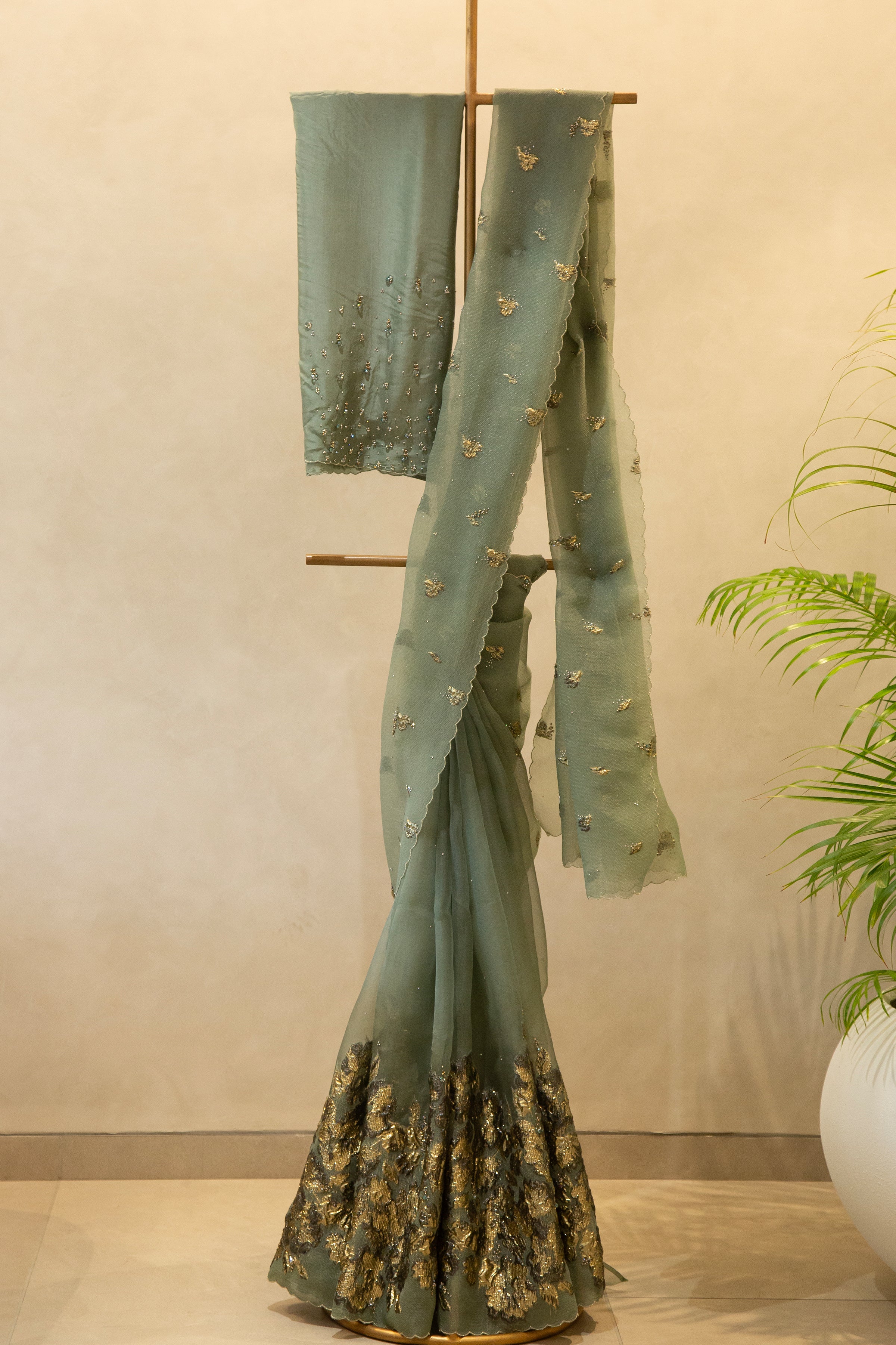 Sage Green Turkish Organza Saree – Paris De Boutique
